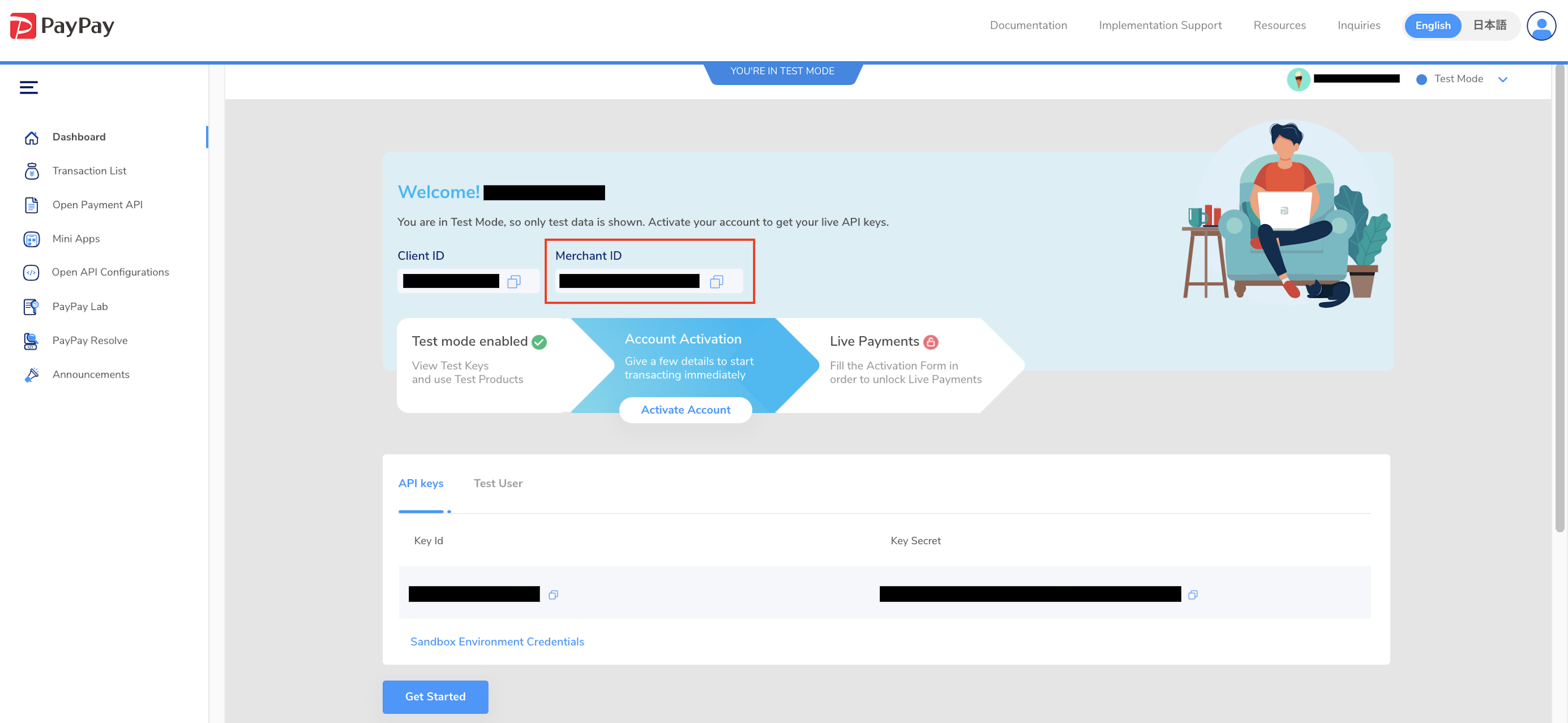 Where can I find MERCHANT_ID, API_KEY, and API_SECRET in "PayPay for Developers" to use in ...