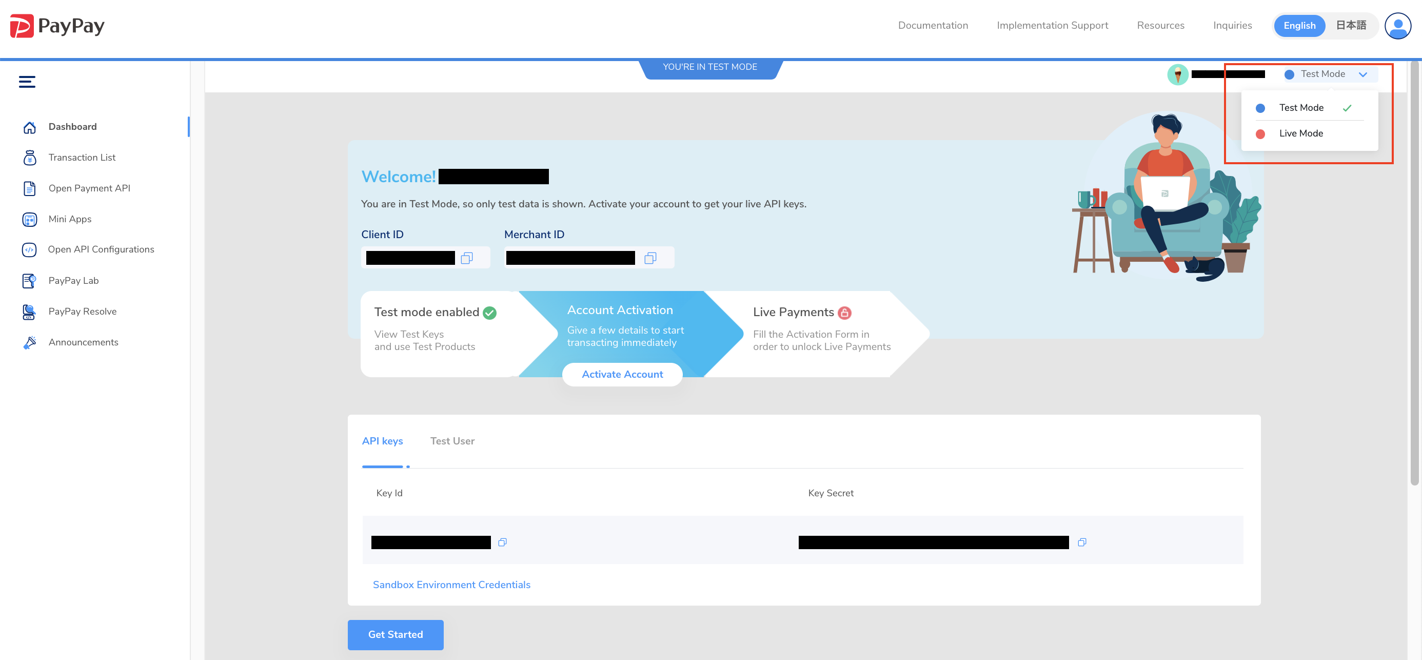 Where can I find MERCHANT_ID, API_KEY, and API_SECRET in "PayPay for Developers" to use in ...
